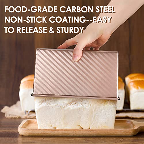 Cyimi Pullman Loaf Pan with Lid Non-Stick Bread Toast Mold with Cover Carbon Steel Corrugated Bread Pan for Oven Baking 1lb Dough Capacity Bread Tin with Dough Scraper Cutter & Oil Brush