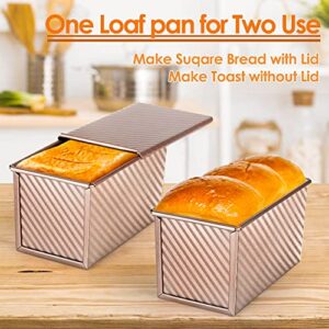 Cyimi Pullman Loaf Pan with Lid Non-Stick Bread Toast Mold with Cover Carbon Steel Corrugated Bread Pan for Oven Baking 1lb Dough Capacity Bread Tin with Dough Scraper Cutter & Oil Brush