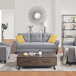 Harper & Bright Designs 3-Piece Living Room Sectional Sofa Set, Modern Style Linen Upholstered Armchair Loveseat Sofa and 3-Seat Sofa Set Sectional Couch, Light Grey-Blue