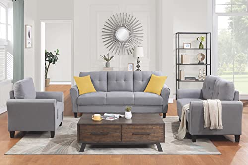 Harper & Bright Designs 3-Piece Living Room Sectional Sofa Set, Modern Style Linen Upholstered Armchair Loveseat Sofa and 3-Seat Sofa Set Sectional Couch, Light Grey-Blue