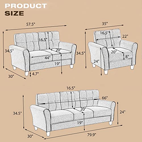 Harper & Bright Designs 3-Piece Living Room Sectional Sofa Set, Modern Style Linen Upholstered Armchair Loveseat Sofa and 3-Seat Sofa Set Sectional Couch, Light Grey-Blue