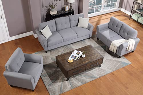 Harper & Bright Designs 3-Piece Living Room Sectional Sofa Set, Modern Style Linen Upholstered Armchair Loveseat Sofa and 3-Seat Sofa Set Sectional Couch, Light Grey-Blue