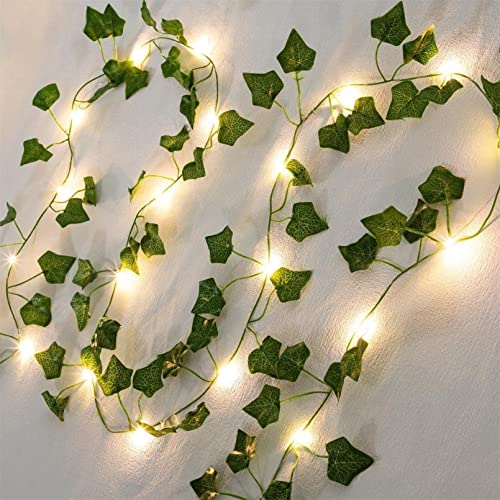 2 Pack 6.56 Ft Green Ivy Leaves Fairy String Lights Battery Operated, 80 LEDs Battery Powered Artifical Garland Plant Vine Fairy Light for Bedroom Wedding Party Holiday Patio Decor（Warm White）