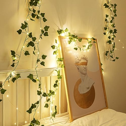 2 Pack 6.56 Ft Green Ivy Leaves Fairy String Lights Battery Operated, 80 LEDs Battery Powered Artifical Garland Plant Vine Fairy Light for Bedroom Wedding Party Holiday Patio Decor（Warm White）