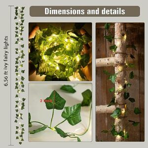 2 Pack 6.56 Ft Green Ivy Leaves Fairy String Lights Battery Operated, 80 LEDs Battery Powered Artifical Garland Plant Vine Fairy Light for Bedroom Wedding Party Holiday Patio Decor（Warm White）