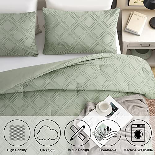 BEDHOURS Boho Comforter Set Queen,Sage Green Tufted Comforter Set,3 Pcs Shabby Chic Down Alternative Farmhouse Bedding Set Soft Lightweight Cooling Comforter for All Seasons