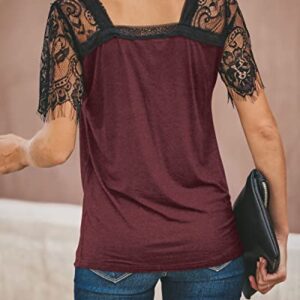 VNK Womens Lace Short Sleeve Shirts V Neck Casual Summer Tops Loose Fit Fashion Blouses Ladies Sexy Tshirts 2023 Wine Red Large