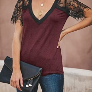 VNK Womens Lace Short Sleeve Shirts V Neck Casual Summer Tops Loose Fit Fashion Blouses Ladies Sexy Tshirts 2023 Wine Red Large