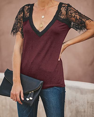 VNK Womens Lace Short Sleeve Shirts V Neck Casual Summer Tops Loose Fit Fashion Blouses Ladies Sexy Tshirts 2023 Wine Red Large