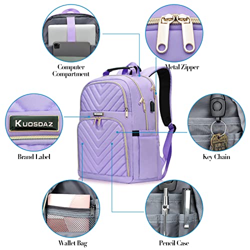 Kuosdaz Laptop Backpack for Women, School Backpack for Teens, 15.6 Inch Large Fashion College Bookbag for Girls with USB Charging Port, Women Work Travel Back Pack Purse Casual Daypacks, Purple