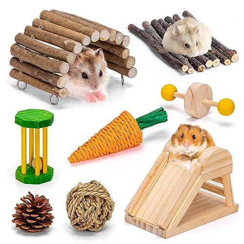 Nobleza Hamster Toys, 8 Pack Natural Wooden Guinea Pig Chew Toys and Accessories for Cage Set, Teeth Care Molar Rat Toys for Pet Rats, Dwarf Syrian Hamsters, Chinchillas, Gerbils, Small Animals