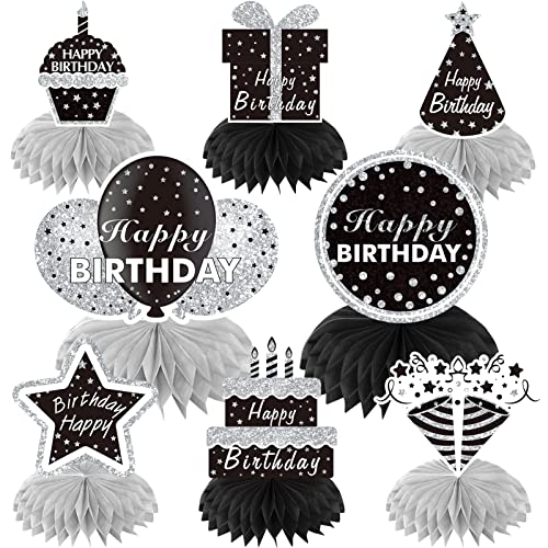 8Pcs Black White Silver Birthday Decorations Honeycomb Centerpieces for Women Men, Black Silver Happy Birthday Table Topper Party Supplies, 16th 21st 30th 40th 50th 60th Bday Table Centerpieces Decor