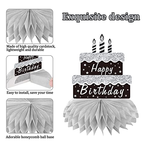 8Pcs Black White Silver Birthday Decorations Honeycomb Centerpieces for Women Men, Black Silver Happy Birthday Table Topper Party Supplies, 16th 21st 30th 40th 50th 60th Bday Table Centerpieces Decor