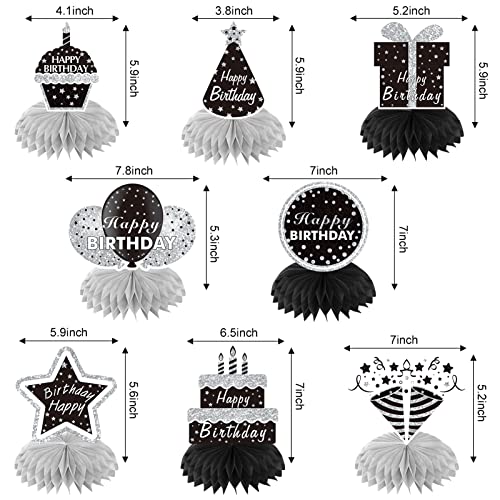 8Pcs Black White Silver Birthday Decorations Honeycomb Centerpieces for Women Men, Black Silver Happy Birthday Table Topper Party Supplies, 16th 21st 30th 40th 50th 60th Bday Table Centerpieces Decor