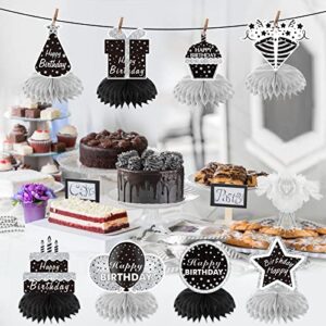 8Pcs Black White Silver Birthday Decorations Honeycomb Centerpieces for Women Men, Black Silver Happy Birthday Table Topper Party Supplies, 16th 21st 30th 40th 50th 60th Bday Table Centerpieces Decor