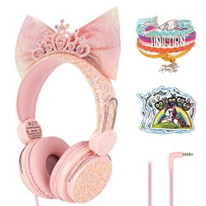 charlxee 𝟐𝟎𝟐𝟑 𝐍𝐞𝐰 Priness Wired Kids Headphones for School/Travel,Clear Mic,Shareport,95dB Volume Control,Nylon Cable,Stereo Sound,Adjustable Over Ear Headsets for Girls -Pink