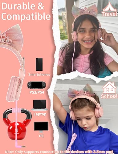 charlxee 𝟐𝟎𝟐𝟑 𝐍𝐞𝐰 Priness Wired Kids Headphones for School/Travel,Clear Mic,Shareport,95dB Volume Control,Nylon Cable,Stereo Sound,Adjustable Over Ear Headsets for Girls -Pink