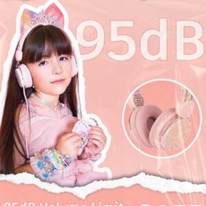 charlxee 𝟐𝟎𝟐𝟑 𝐍𝐞𝐰 Priness Wired Kids Headphones for School/Travel,Clear Mic,Shareport,95dB Volume Control,Nylon Cable,Stereo Sound,Adjustable Over Ear Headsets for Girls -Pink