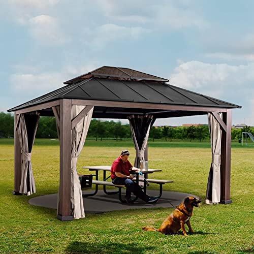 12' x 14' Gazebo, Outdoor Hardtop Gazebo with Wood Finish Aluminum Frame, Galvanized Steel Double Top Gazebo with Ventilation, All-Weather Metal Gazebo with Netting and Curtains, for Patios Gardens