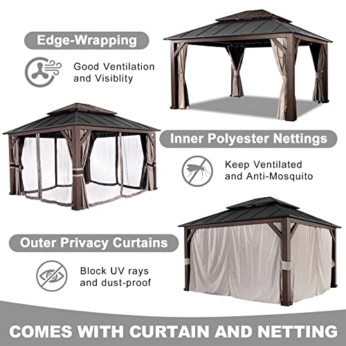 12' x 14' Gazebo, Outdoor Hardtop Gazebo with Wood Finish Aluminum Frame, Galvanized Steel Double Top Gazebo with Ventilation, All-Weather Metal Gazebo with Netting and Curtains, for Patios Gardens