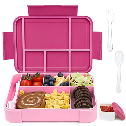 Bugucat Bento Box 45OZ, Leak-Proof Lunch Box with 6 Compartments Cutlery, Lunch Containers for Adult Food Storage Container with Leak-proof Silicone Ring Suitable for Microwave Dishwasher Pink