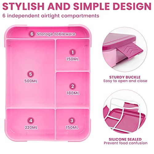 Bugucat Bento Box 45OZ, Leak-Proof Lunch Box with 6 Compartments Cutlery, Lunch Containers for Adult Food Storage Container with Leak-proof Silicone Ring Suitable for Microwave Dishwasher Pink