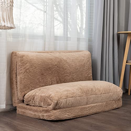 LITA Folding Mattress Sofa, Foldable Double Sofa Bed Foam Filling Convertible Sleeper Sofa Bed Modern Soft Faux Fur Wall Sofa Bed with Removable Cover for Living Room/Apartment/Dorm, Khaki