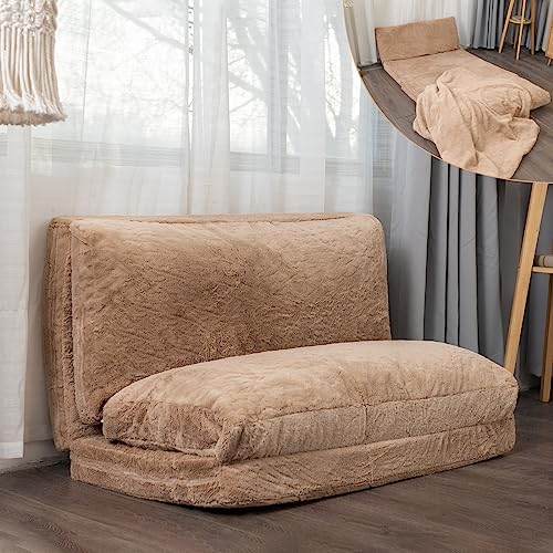 LITA Folding Mattress Sofa, Foldable Double Sofa Bed Foam Filling Convertible Sleeper Sofa Bed Modern Soft Faux Fur Wall Sofa Bed with Removable Cover for Living Room/Apartment/Dorm, Khaki