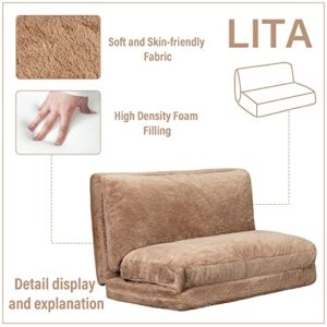 LITA Folding Mattress Sofa, Foldable Double Sofa Bed Foam Filling Convertible Sleeper Sofa Bed Modern Soft Faux Fur Wall Sofa Bed with Removable Cover for Living Room/Apartment/Dorm, Khaki