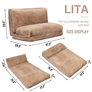 LITA Folding Mattress Sofa, Foldable Double Sofa Bed Foam Filling Convertible Sleeper Sofa Bed Modern Soft Faux Fur Wall Sofa Bed with Removable Cover for Living Room/Apartment/Dorm, Khaki