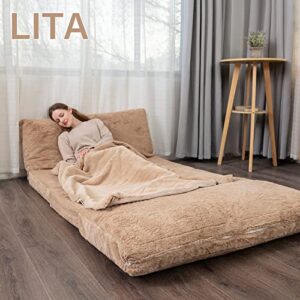 LITA Folding Mattress Sofa, Foldable Double Sofa Bed Foam Filling Convertible Sleeper Sofa Bed Modern Soft Faux Fur Wall Sofa Bed with Removable Cover for Living Room/Apartment/Dorm, Khaki