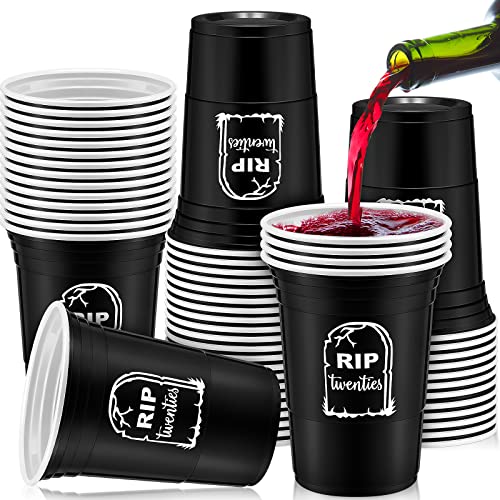 Rtteri 48 Pack Death to My 20s Disposable Party Thick Plastic Cups, 16 oz RIP to My 20s Birthday Decorations 30th Birthday Black Cups RIP Twenties Birthday Cups for 30th Birthday(White, Black)