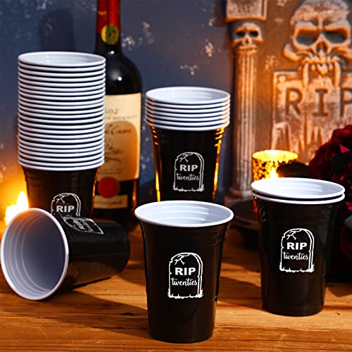 Rtteri 48 Pack Death to My 20s Disposable Party Thick Plastic Cups, 16 oz RIP to My 20s Birthday Decorations 30th Birthday Black Cups RIP Twenties Birthday Cups for 30th Birthday(White, Black)