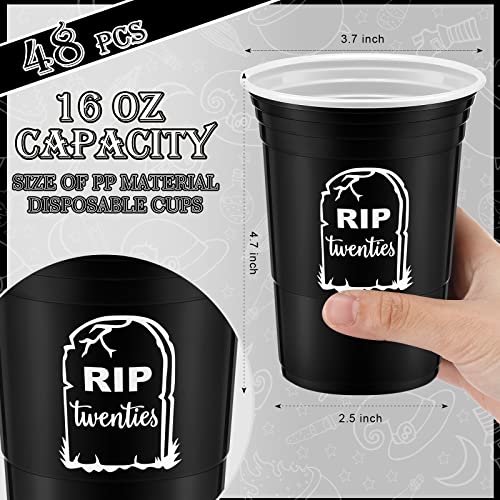 Rtteri 48 Pack Death to My 20s Disposable Party Thick Plastic Cups, 16 oz RIP to My 20s Birthday Decorations 30th Birthday Black Cups RIP Twenties Birthday Cups for 30th Birthday(White, Black)