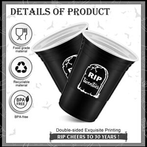 Rtteri 48 Pack Death to My 20s Disposable Party Thick Plastic Cups, 16 oz RIP to My 20s Birthday Decorations 30th Birthday Black Cups RIP Twenties Birthday Cups for 30th Birthday(White, Black)