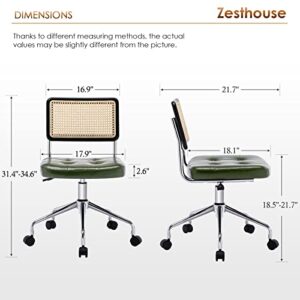 Zesthouse Mid Century Home Office Chair Leather Desk Chair with Rattan Back, Vanity Chair for Girl Women, Upholstered Tufted Swivel Chair for Bedroom Living Room,Height Adjustable Computer Task Chair