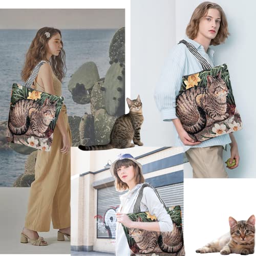 Cute Cat Canvas Tote Bag,Tabby Shoulder Bag with Zipper for Women Girls,Reusable Canvas Tote Bag for School Grocery Shopping