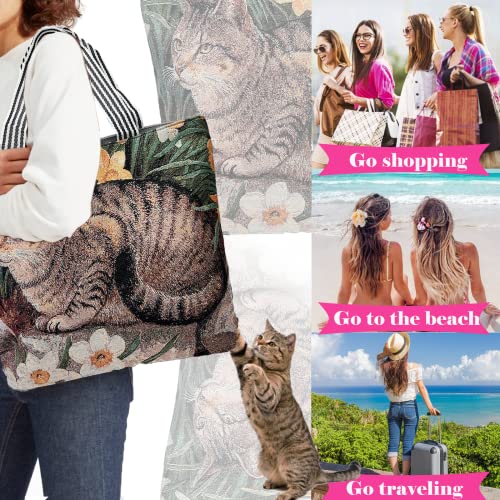 Cute Cat Canvas Tote Bag,Tabby Shoulder Bag with Zipper for Women Girls,Reusable Canvas Tote Bag for School Grocery Shopping