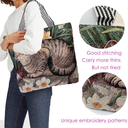 Cute Cat Canvas Tote Bag,Tabby Shoulder Bag with Zipper for Women Girls,Reusable Canvas Tote Bag for School Grocery Shopping