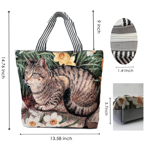 Cute Cat Canvas Tote Bag,Tabby Shoulder Bag with Zipper for Women Girls,Reusable Canvas Tote Bag for School Grocery Shopping