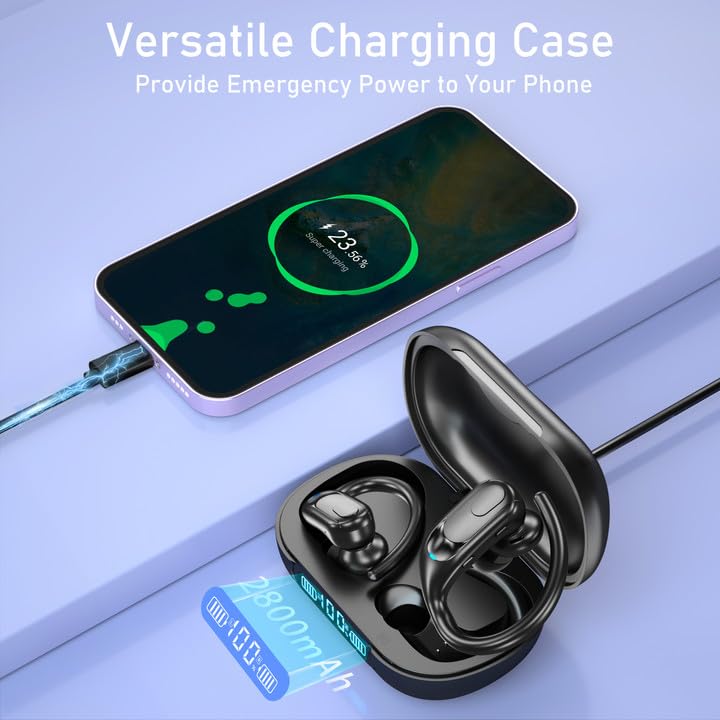 Falebare Headphones Wireless Bluetooth Earbuds 150Hrs Playtime with 2800 mAh LED Display Charging Case Over-Ear Buds with IPX7 Waterproof Earhooks Headset for Sports Running Workout Gym Black