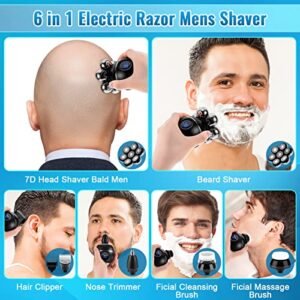 Head Shavers for Bald Men, Wjiang 6 in 1 Electric Razor Mens Shaver Wet Dry Cordless Electric Skull Shavers 7D Floating Rechargeable Bald Head Shaver Back Shaver Head Shaver for Men Father's Day gifts