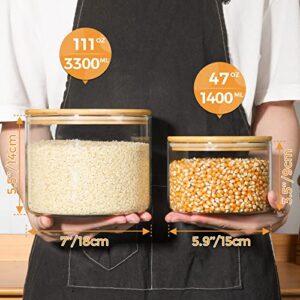 ComSaf Glass Food Storage Containers, 111 oz/47 oz Glass Flour and Sugar Containers with Airtight Lids, 7'' Wide Mouth Large Glass Jars with Bamboo Lid for Rice, Pasta, Oats, Grains, Cookie, Candy