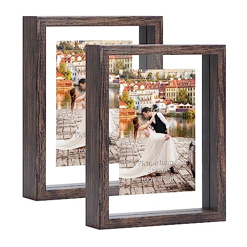 Trwcrt 4x6 Picture Frame Set of 2, Double Side Tempered Glass Floating Picture Frames, Display up to 6 x 8 photos for Desktop or Wall Hanging, Brown