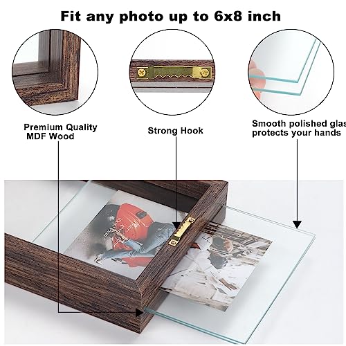 Trwcrt 4x6 Picture Frame Set of 2, Double Side Tempered Glass Floating Picture Frames, Display up to 6 x 8 photos for Desktop or Wall Hanging, Brown