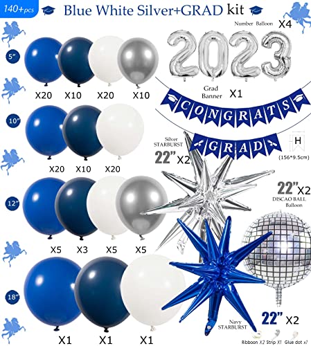 Navy Royal blue and Silver white balloon kit for Graduation birthday party decorations class of 2023 Grad congratulations Prom party Grad ceremony decor