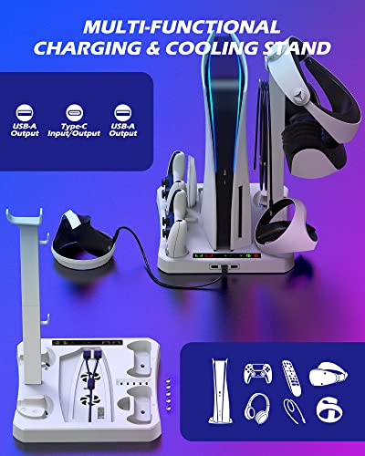 PS-5 & PS VR2 Charging Station with 2 Cooling Fan, YOGES 3-in-1 PS-5 Stand for Play-station5 and Play Station VR2 Controllers Charging, PS-5 Console Cooling Station PS-5 PS VR2 Accessories Storage