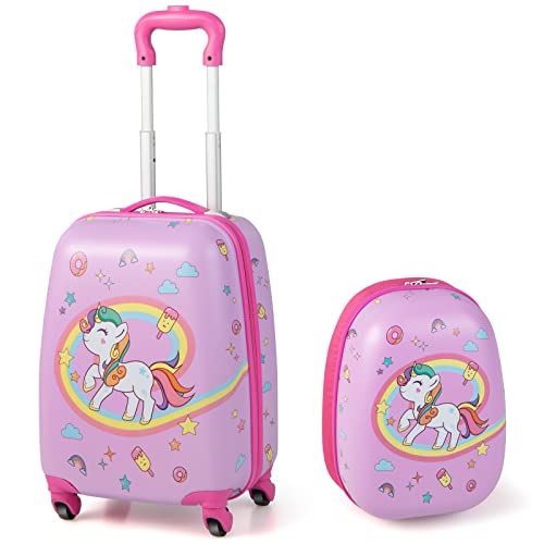 HONEY JOY Kids Luggage, 12" Toddler Backpack & 16" Travel Suitcase with Wheels, Lightweight Toddler Girls Suitcase, Durable ABS Hardshell, 2Pcs Carry On Luggage Set for Boys Girls(Pink Horse)