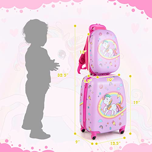 HONEY JOY Kids Luggage, 12" Toddler Backpack & 16" Travel Suitcase with Wheels, Lightweight Toddler Girls Suitcase, Durable ABS Hardshell, 2Pcs Carry On Luggage Set for Boys Girls(Pink Horse)