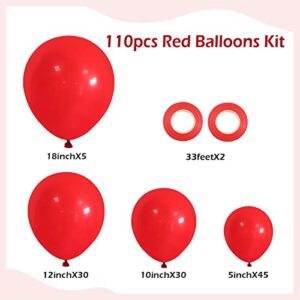 FOTIOMRG 110pcs Red Balloon Garland Arch Kit, 18 12 10 5 inch Red Latex Balloons Different Sizes Pack for Birthday Graduation Baby Shower Valentines Christmas Wedding Party Decorations